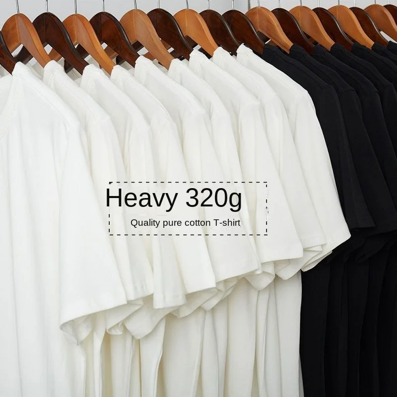Japanese 320G Heavyweight Short Sleeve T-shirt Men's Summer Pure Cotton Thick Neckline Pure ...