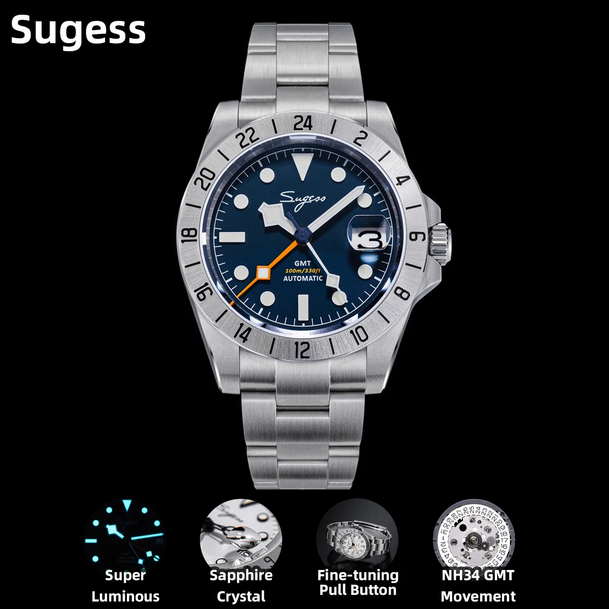 Sugess GMT Watch of Men Automatic Japan NH34 Mechanical Wristwatches ...