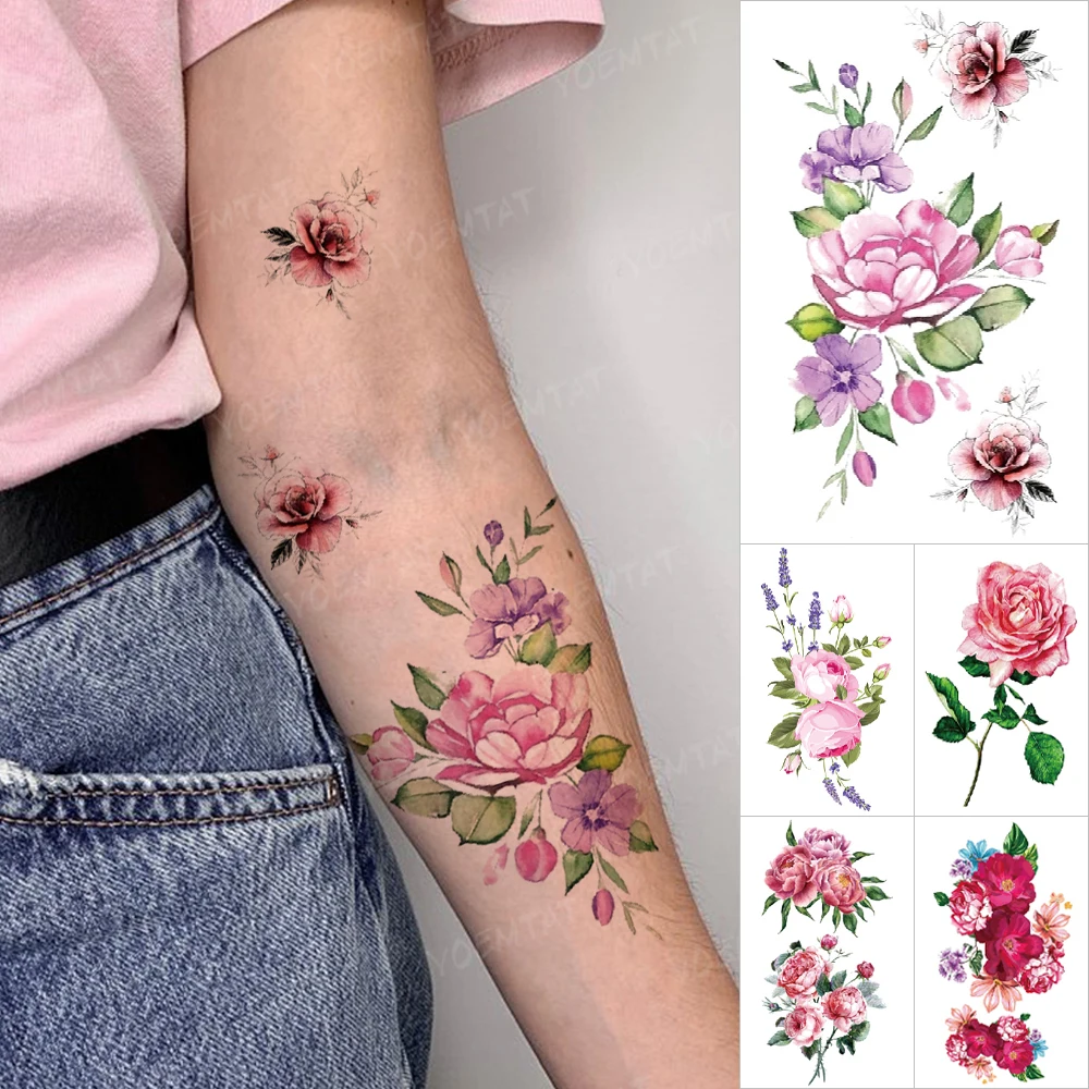 Realistic-Peony-Rose-Flower-Transfer-Tattoo-Watercolor-Lavender ...