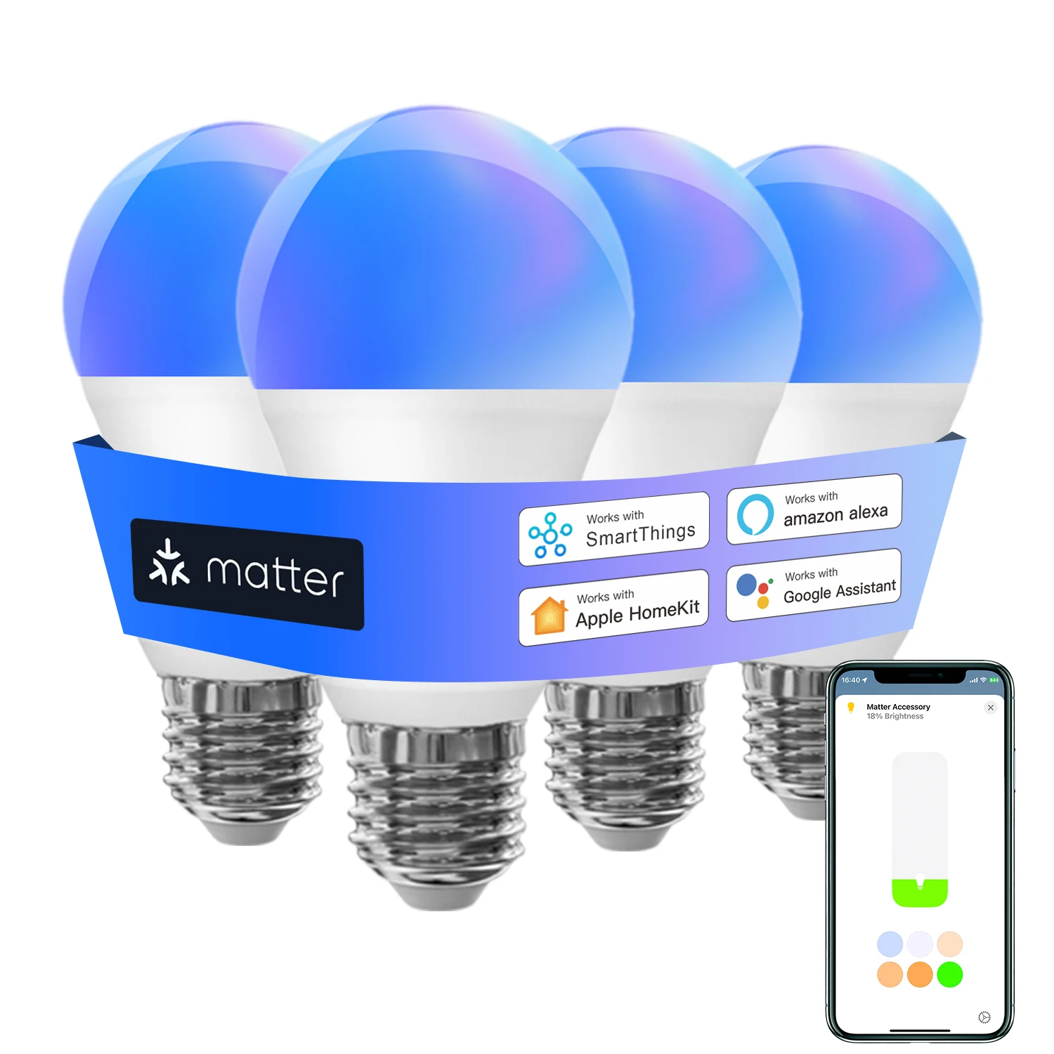 Matter Smart Light Bulbs E27,2.4G WiFi Color Changing Light Bulbs,9W ...