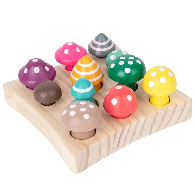 Wooden-Montessori-Toys-Wood-Mushroom-Counting-Game-Shape-Matching-Size ...
