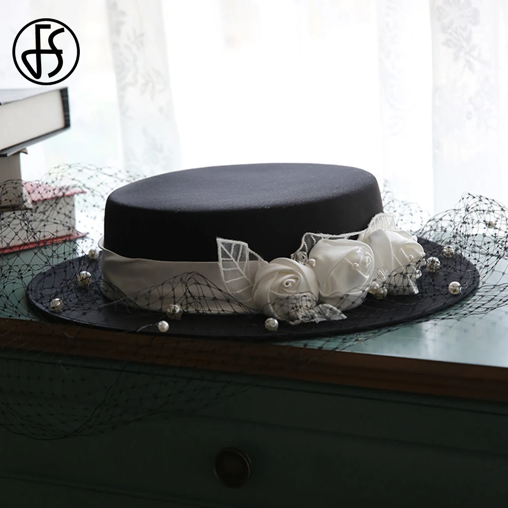 FS-French-Retro-Black-Flat-Top-Hats-For-Women-With-Mesh-Veil-Flower ...