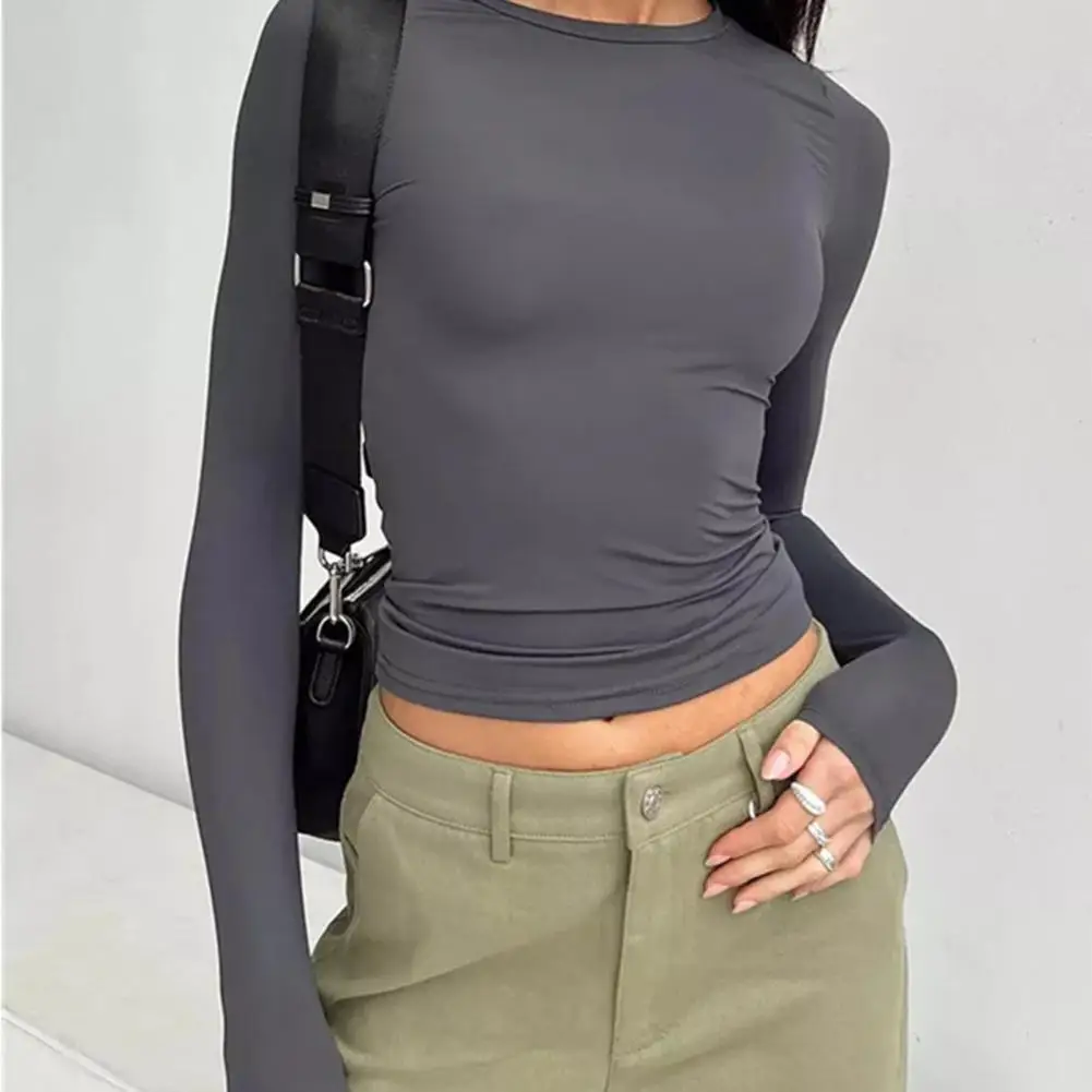 Women-Long-Sleeve-T-Shirt-Basic-Tee-Crop-Tops-O-Neck-Women-Solid-Color ...
