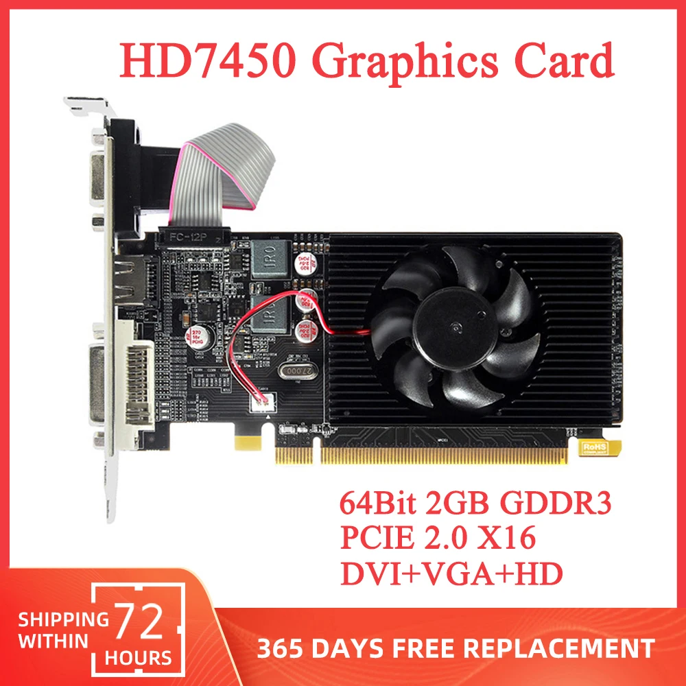 HD7450 그래픽 카드 PCIE PCI E X16 2.0 AMD Radeon HD 7450 64 비트 용 2GB GDDR3 ...