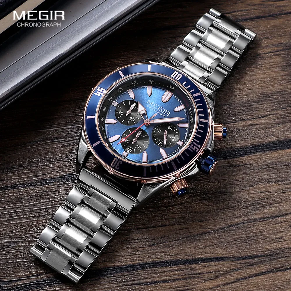MEGIR Business Dress Watch Men Silver Blue Luminous Waterproof ...