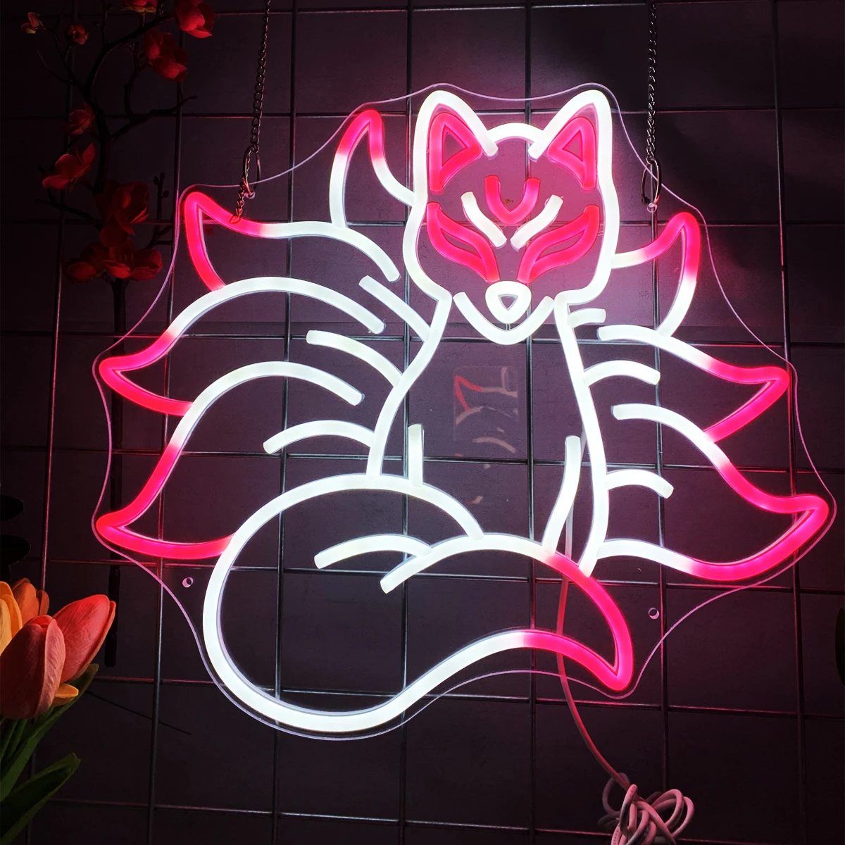 Pink nine-tailed fox can adjust neon lights, custom color, bedroom ...