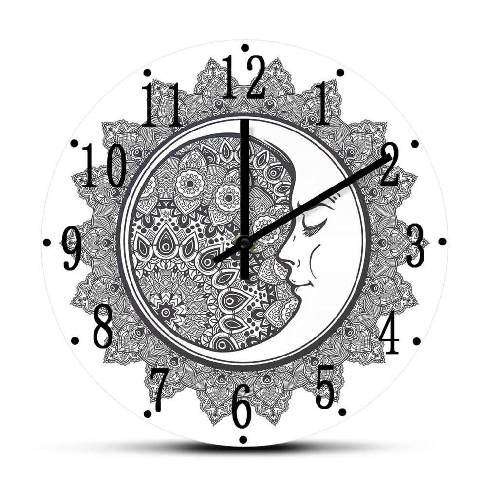 Reloj-de-pared-de-luna-creciente-con-Mandala-y-flores-para-dormitorio ...