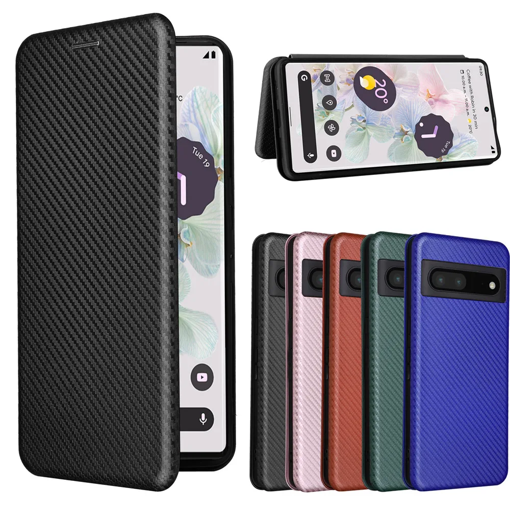 For Google Pixel 7 7A Case Luxury Flip Carbon Fiber Skin Magnetic ...