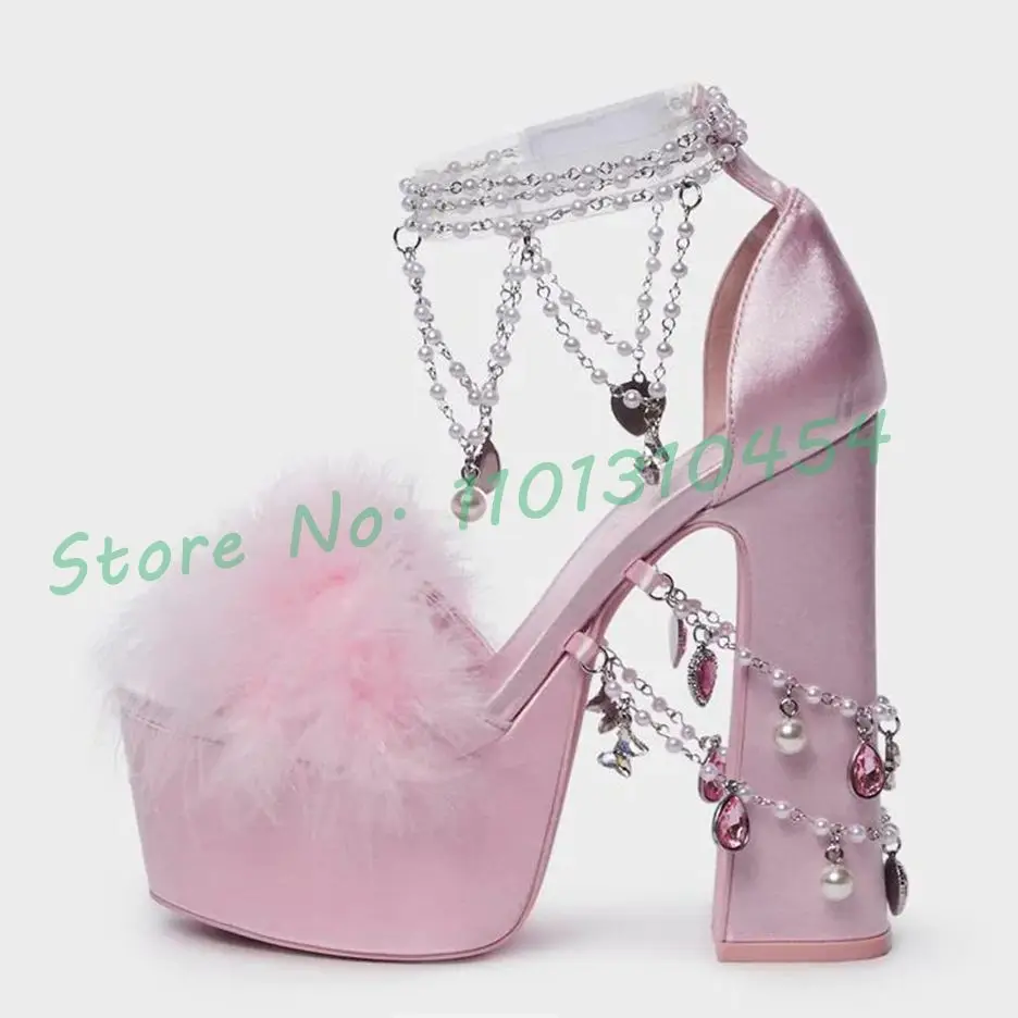 Pink Fur Platform Chunky Heels Sandals Women Heart Shaped Crystal Pearl ...