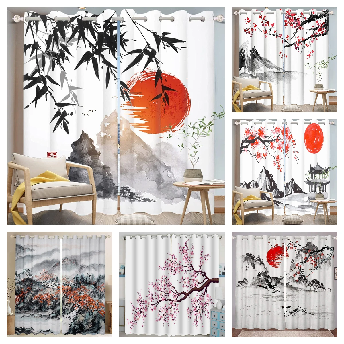 Japanese Scenic Window Curtains Chinese Traditional Ink Painting Window ...