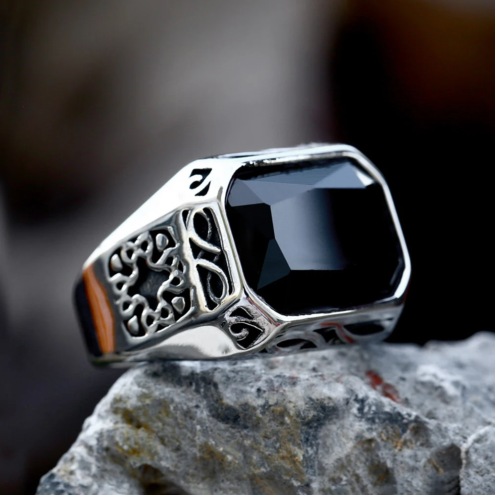 New-Design-Vintage-Stainless-Steel-Rectangle-Shape-Black-Stone-Ring-For ...