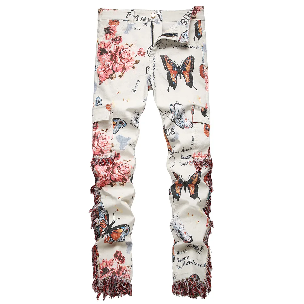 Men-Butterfly-Flower-Print-Jeans-Tassels-Fringe-Rose-Slim-Straight ...