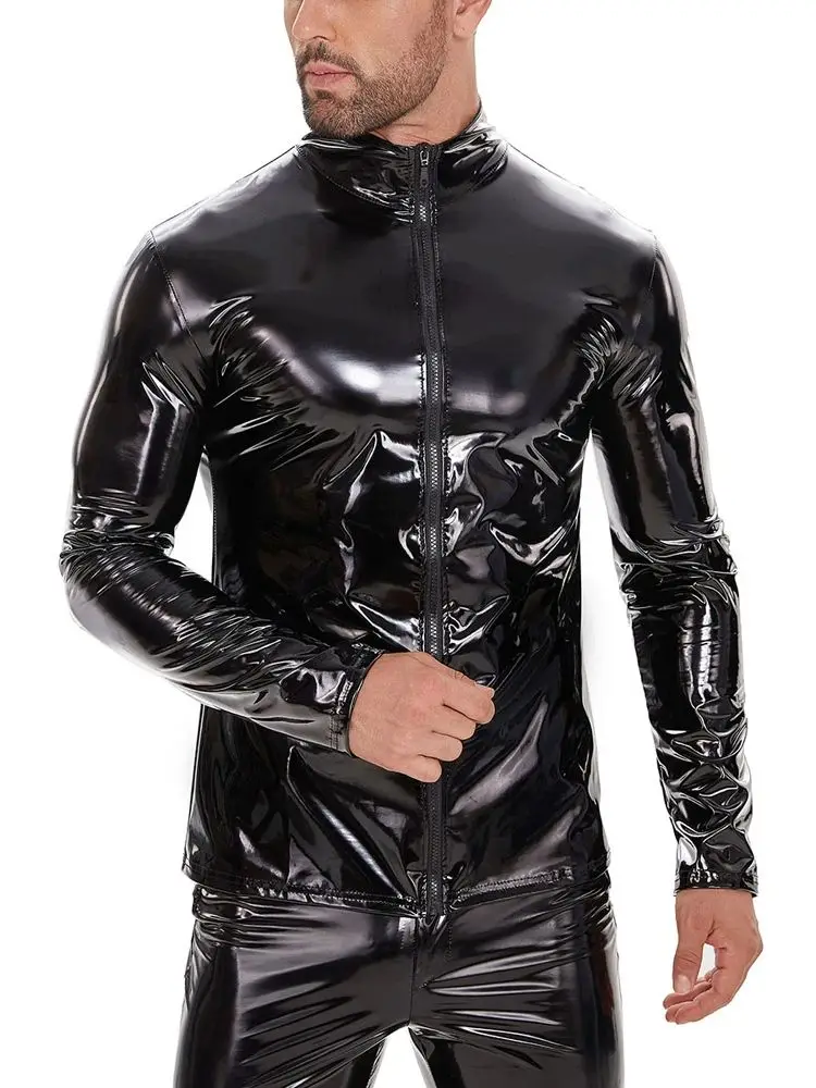 5-7XL Long Sleeve Faux Shiny PU Leather Tshirt Wet Look PVC Mens ...