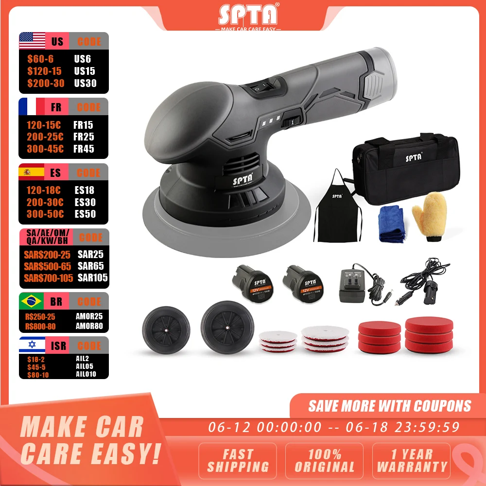 Spta 12v Cordless Buffer Polisher 8mm Da Polisher With 2 2.0ah Battery ...