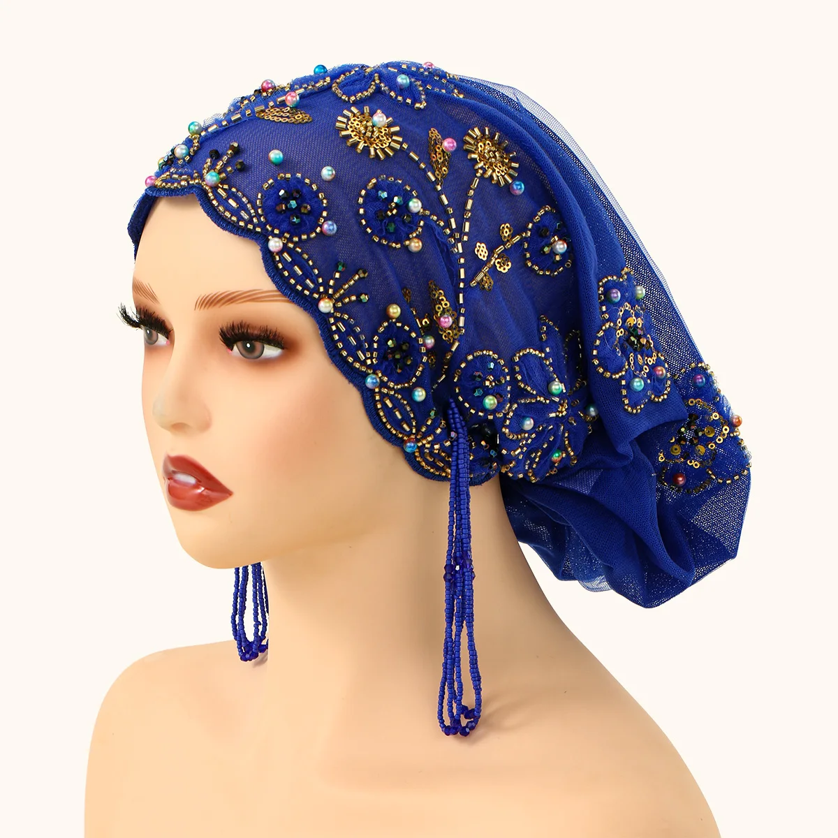 Muslim Lace Pearls Hat Caps Mesh Fabric Bead Tube Paired With An ...