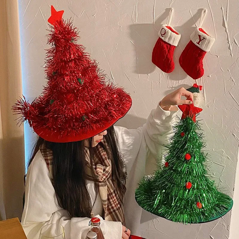 Colorful-Christmas-Tree-Hats-Silk-Tinsel-Ribbon-Santa-Hat-for-Adults ...