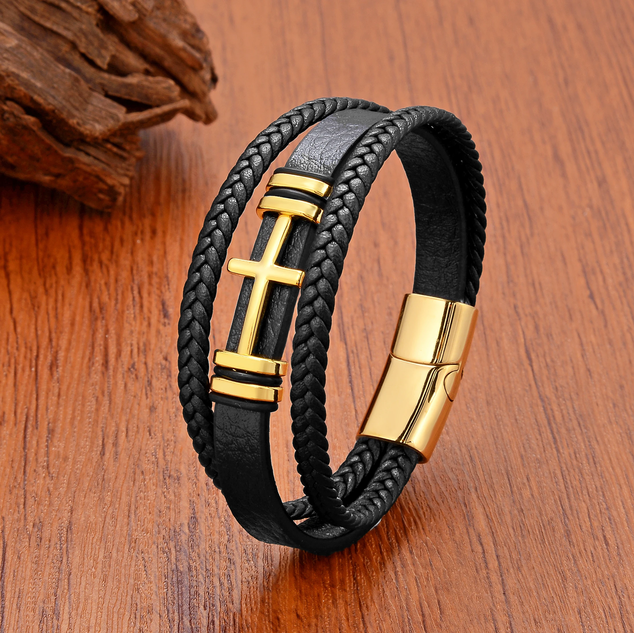 Punk Cross Stainless Steel Bracelet for Man Wednesday Gold Plated ...