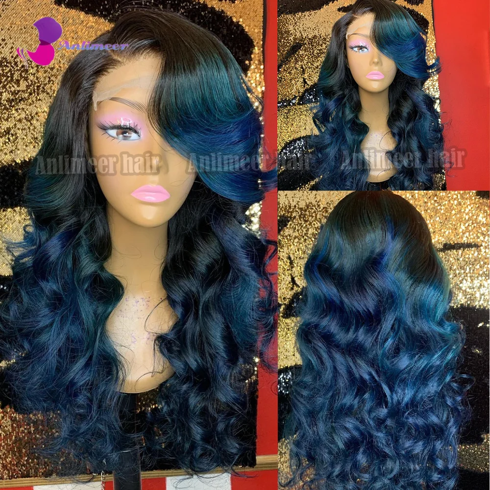 Ombre Blue Lace Front Wig Human Hair Right Side Part 13X6 Frontal Wig ...