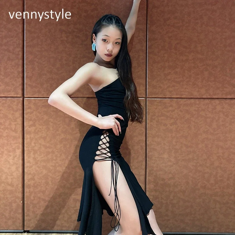 Vennystyle Latin Dance Dress Women Dance Training Off-Shoulder ...