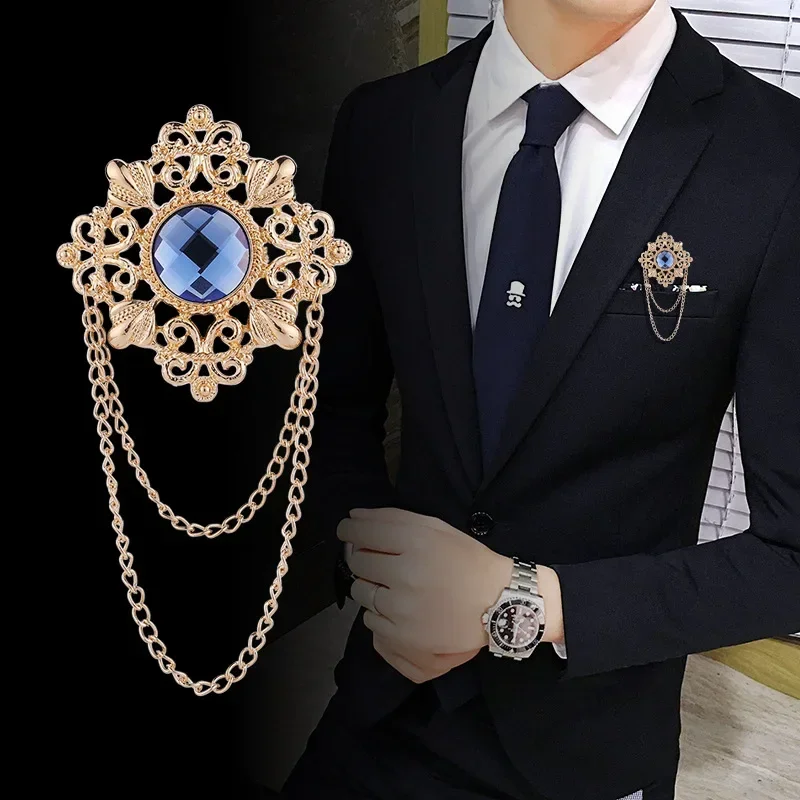 Retro Palace Gem Brooch Men's Suit Pin Vintage Rhinestone Cross Tassel ...