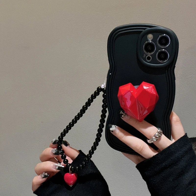 Korean-3D-Love-Heart-bracket-Bracelet-Chain-Black-Wave-Phone-Case-for ...