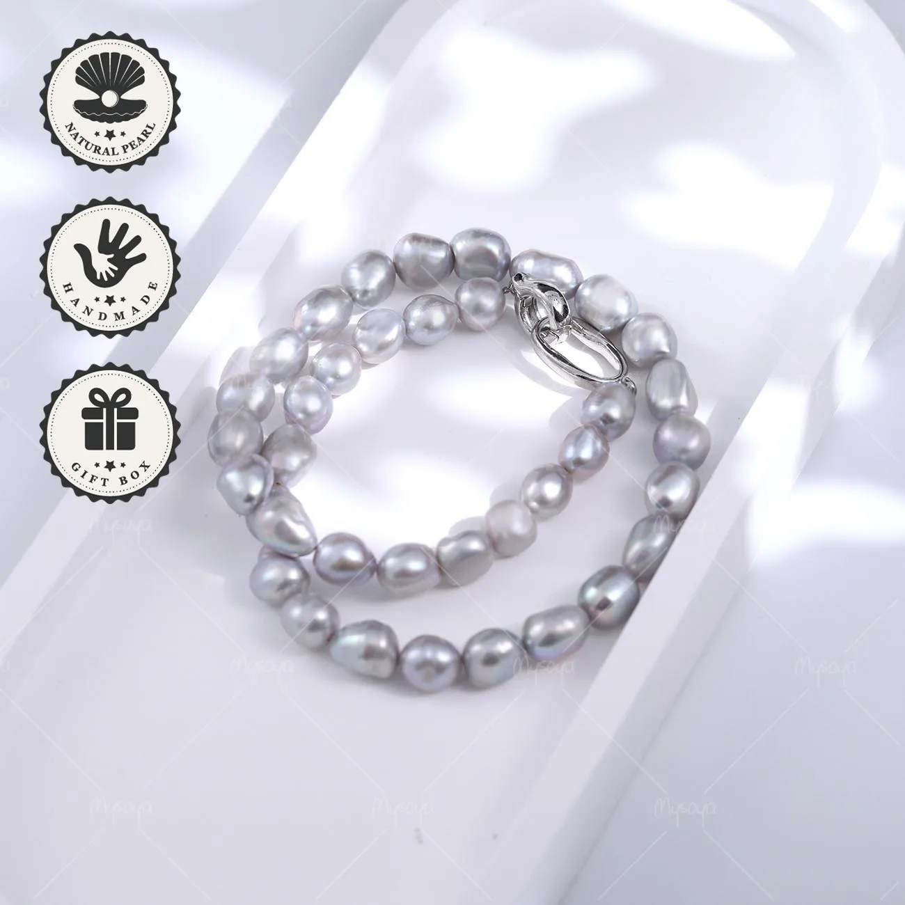 Mysoya Gray Baroque Freshwater Pearl Necklace 8–9mm Silvery Oval Clasp ...