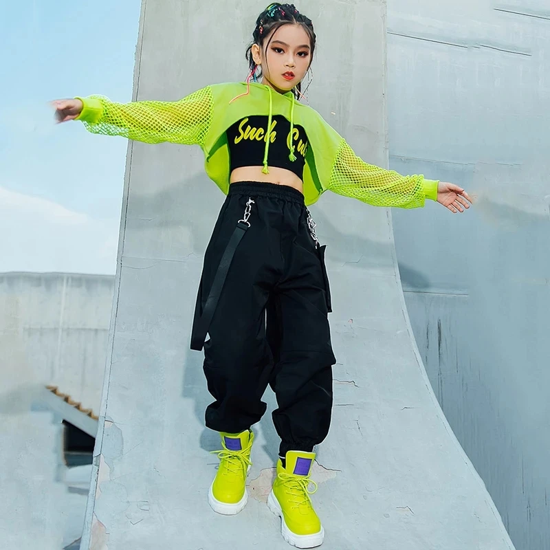 Jazz-Costume-Hip-Hop-Girls-Clothing-Green-Tops-Net-Sleeve-Black-Hip-Hop ...