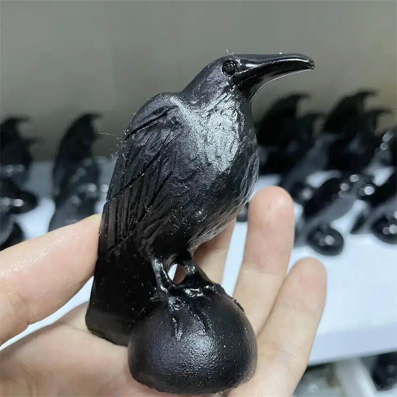 1PC Natural Obsidian Quartz Crystal Crow Carved Halloween Ornaments ...