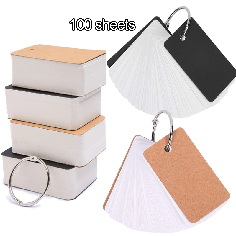 100 Sheets Blank Flash Card Index Cards with Binding Rings Study Note ...