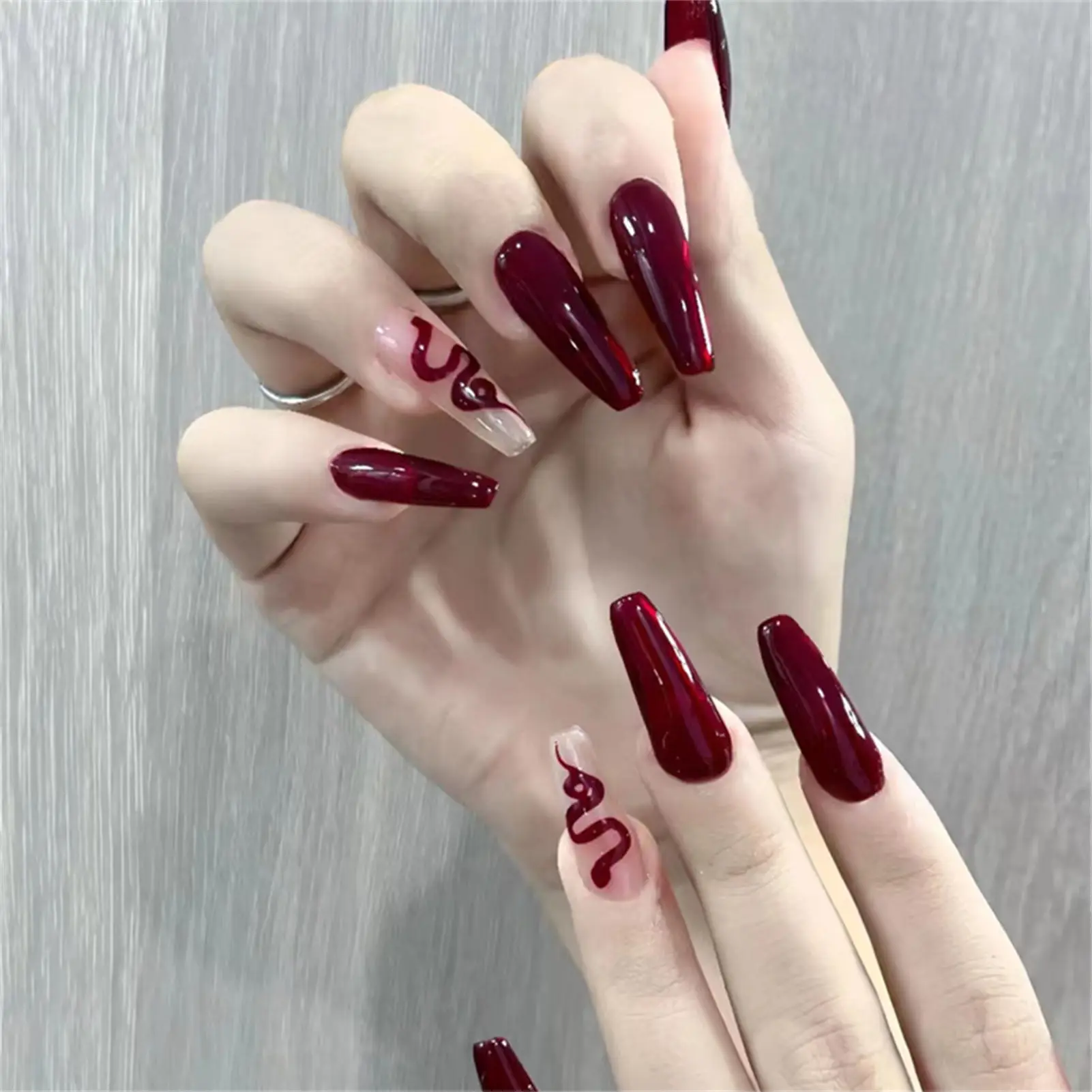 24pcs-Woman-Vintage-Wine-Red-Fake-Nails-With-Snake-Print-Wearable-Long ...