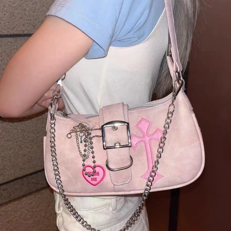 Y2K Sweet Cool Women's Underarm Bag Hot Girls Pink Shoulder Bags ...