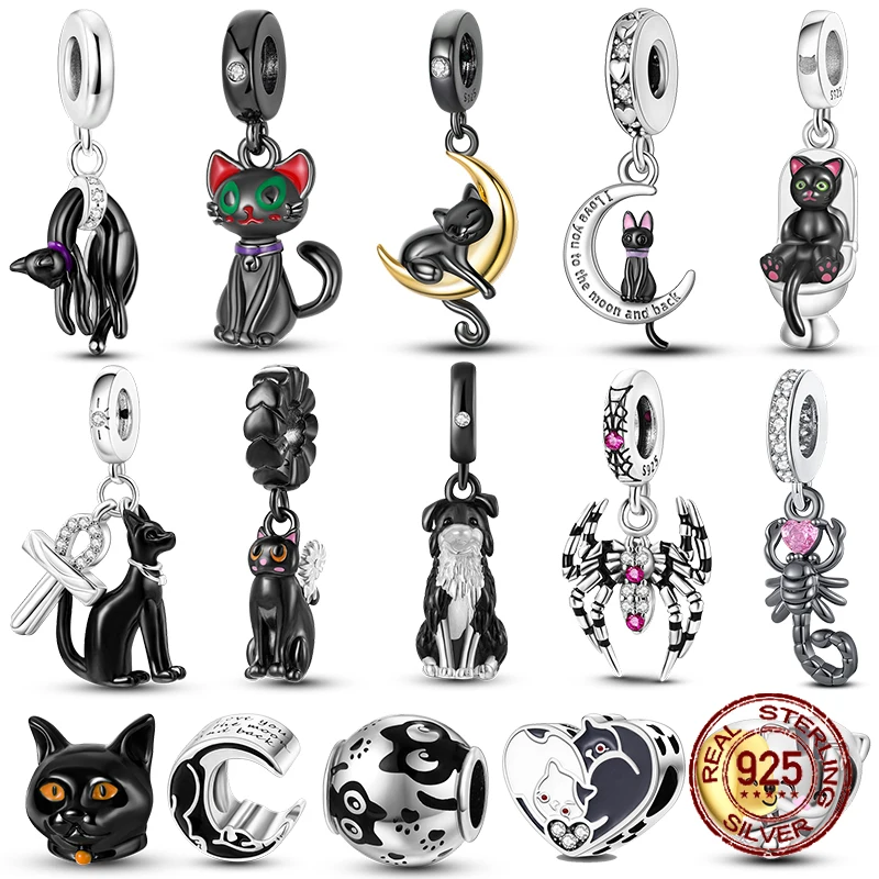 925-Sterling-Silver-Black-Cat-Collection-Charms-Beads-Paw-Print-Pendant ...