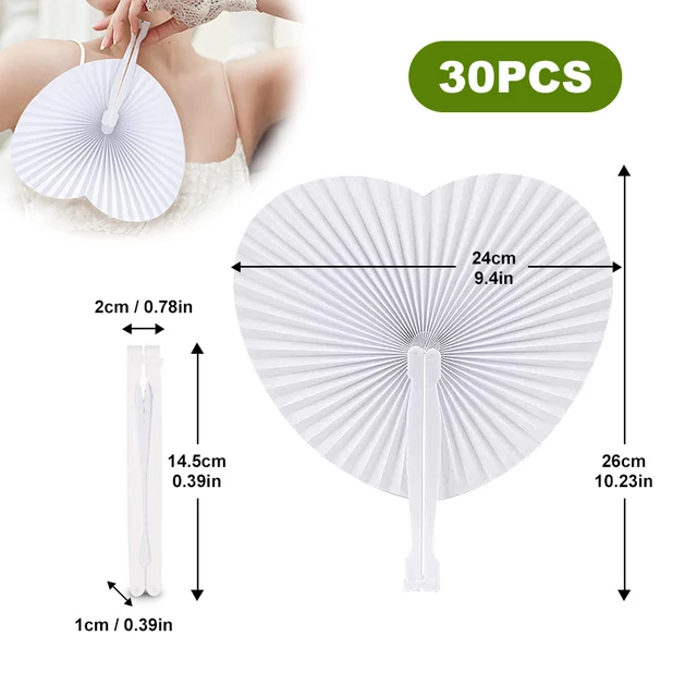 30/60/100pcs White Heart Shape Folding Fan Blank Paper Hand Fans With ...