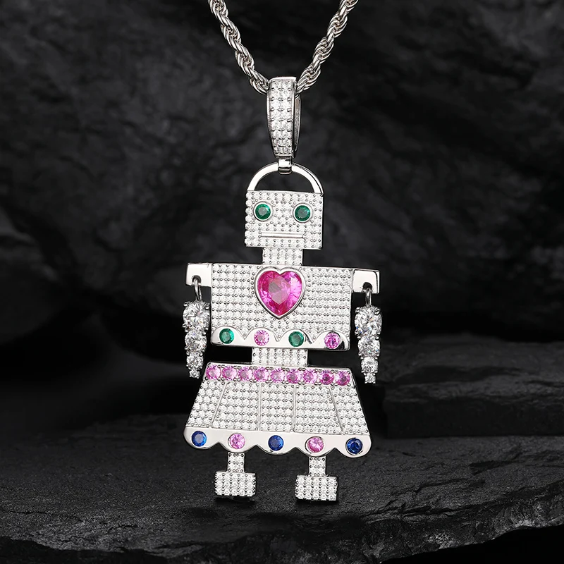 New-Design-Moissanite-Custom-Color-Robot-Pendant-Chains-Real-Silver-925 ...