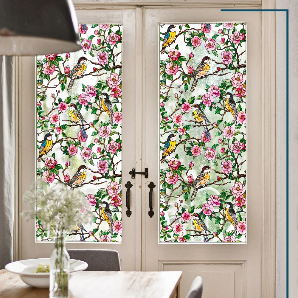 Yellow Hummingbird Pink Flower Static Window Film Privacy Protection ...