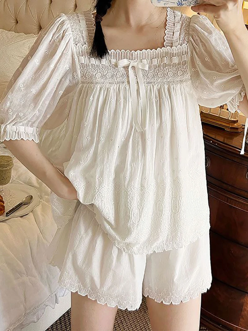 French Vintage Pajamas Two piece Suits Women Summer Pure Cotton ...
