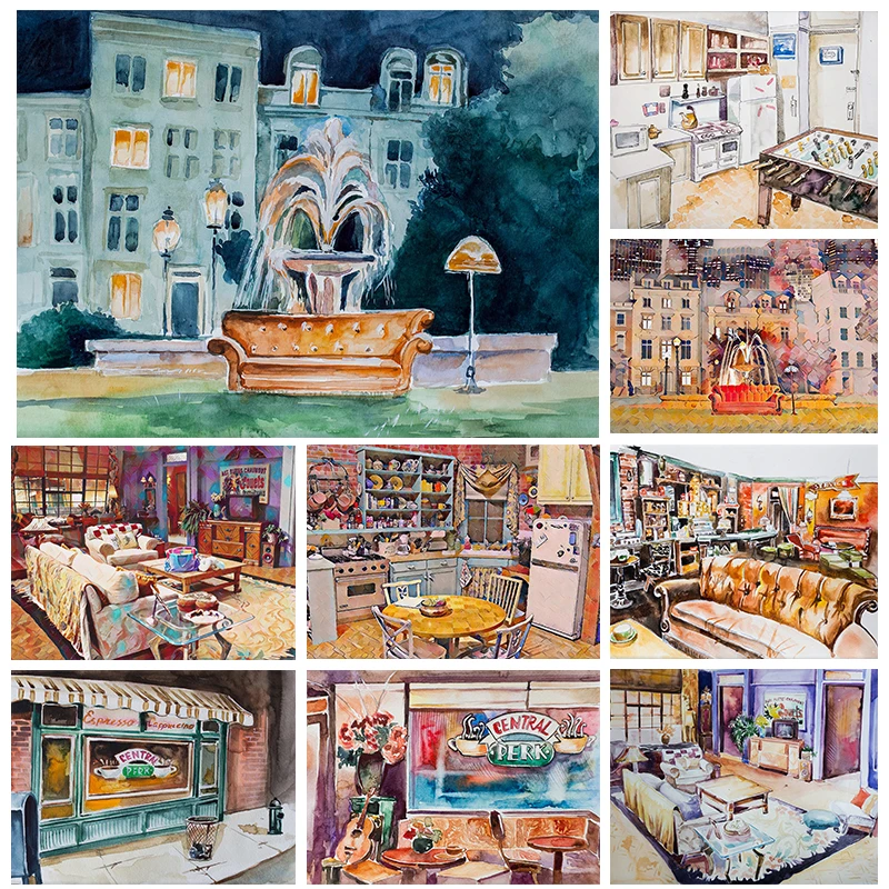 TV Show Friends Central Perk Watercolor Poster Print Canvas Painting ...