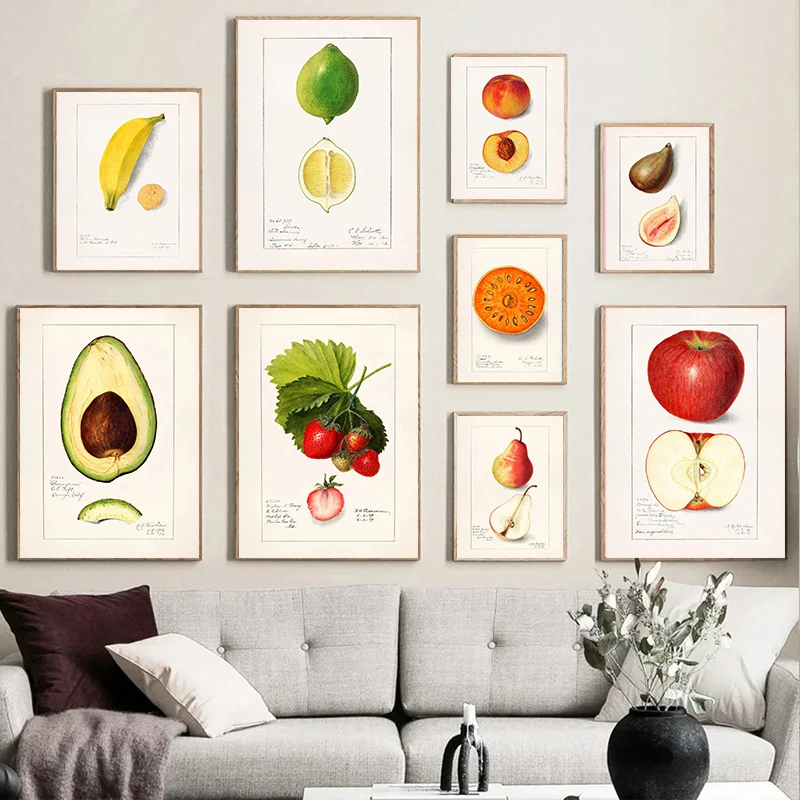 Vintage Retro Fruit Poster Avocado Strawberry Scandinavian Canvas ...