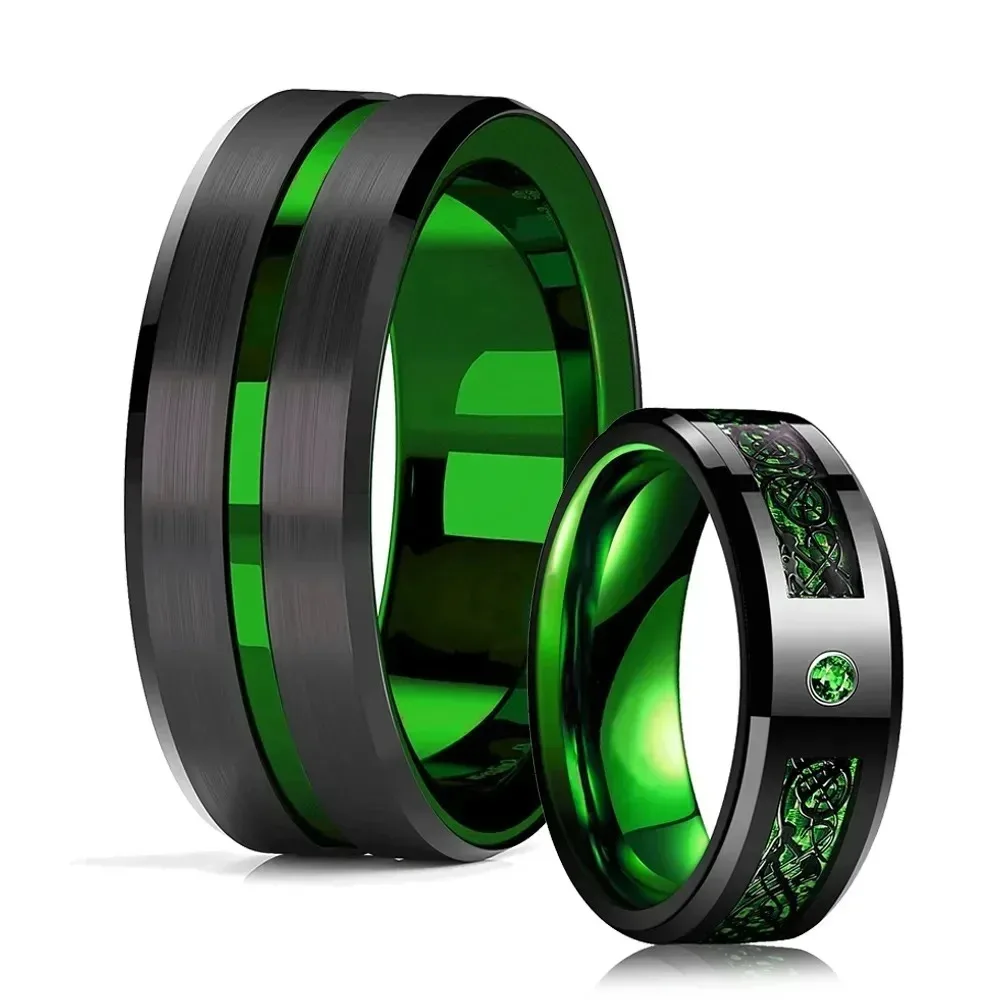 Fashion 8mm Black Tungsten Wedding Celtic Dragon Rings Inlaid Green ...