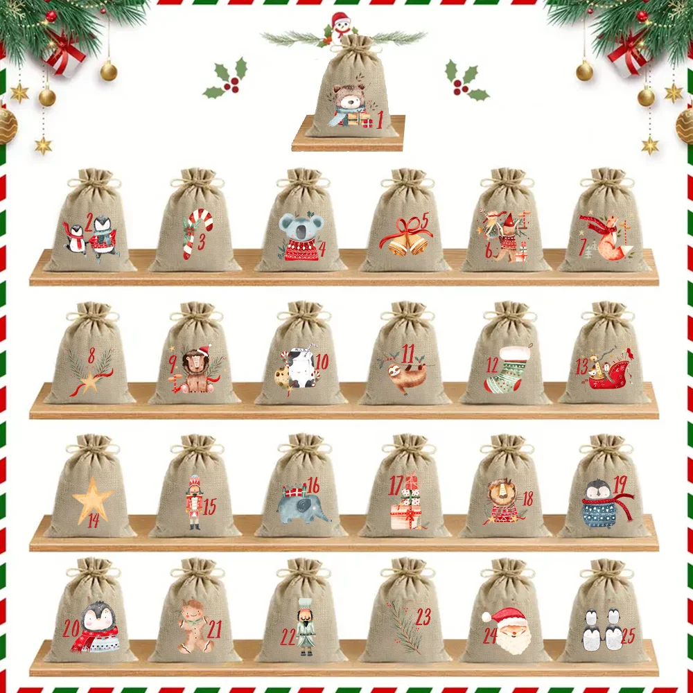 25pcs linen 10x14cm Advent Calendar gift Bags Winter Christmas ...