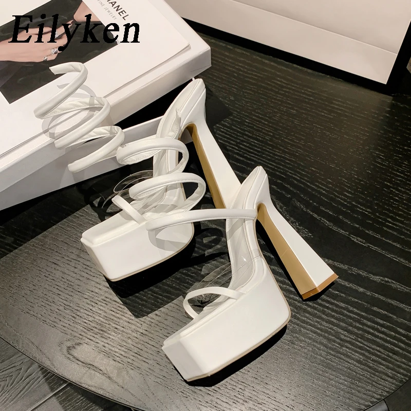 Eilyken New Summer Open Toe Square High Heels Sandals Women Solid Platform Ankle Strappy ...