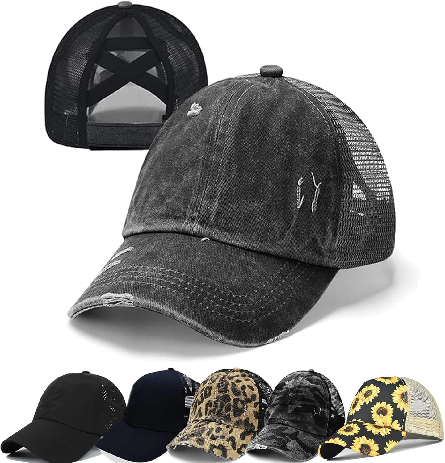 Criss Cross Hat Washed Distressed Baseball Cap Ponytail Hat High Messy ...