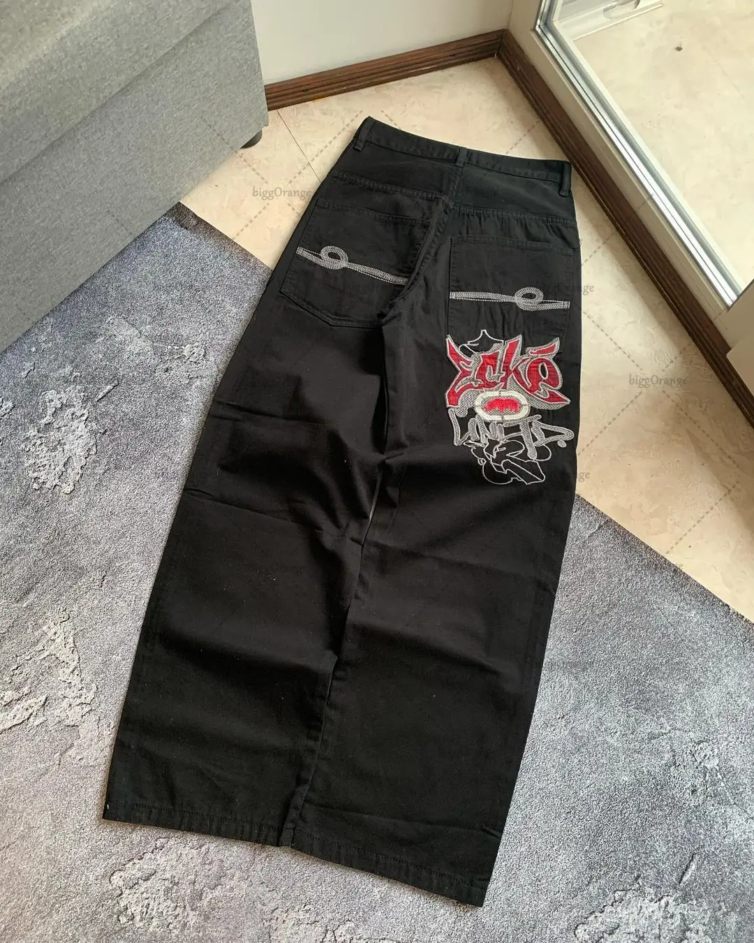 JNCO American New Embroidered Oversized Rhino Pattern Black Jeans Men's ...