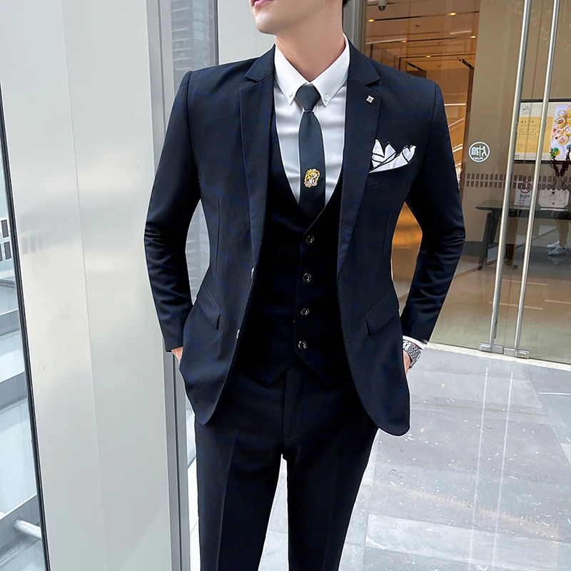 Men's 3-Piece Suit Set Stylish Handsome English Plaid All-fit Jacket ...