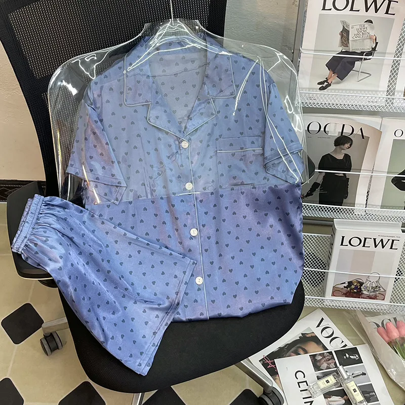 Women Pajamas Faux Silk Satin Pyjama Sets Short Sleeve Two Piece ...