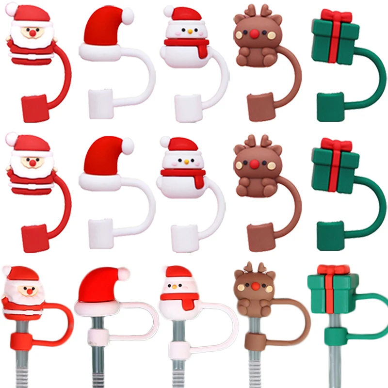 6-12Pcs-Christmas-Straw-Covers-Cute-Santa-Snowman-Silicone-Straw-Plug ...