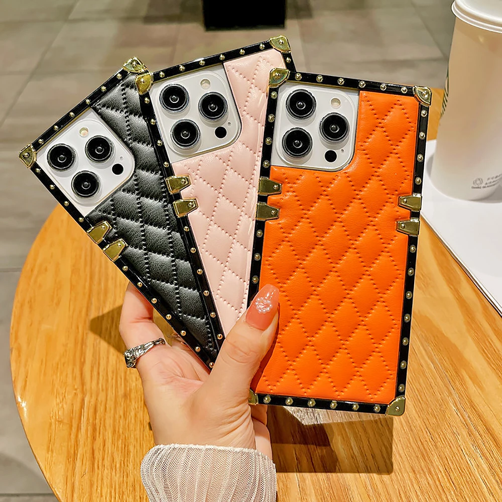 Leather-3D-Rhombic-Lattice-Square-Phone-Case-For-iPhone15-14-11-12-13 ...