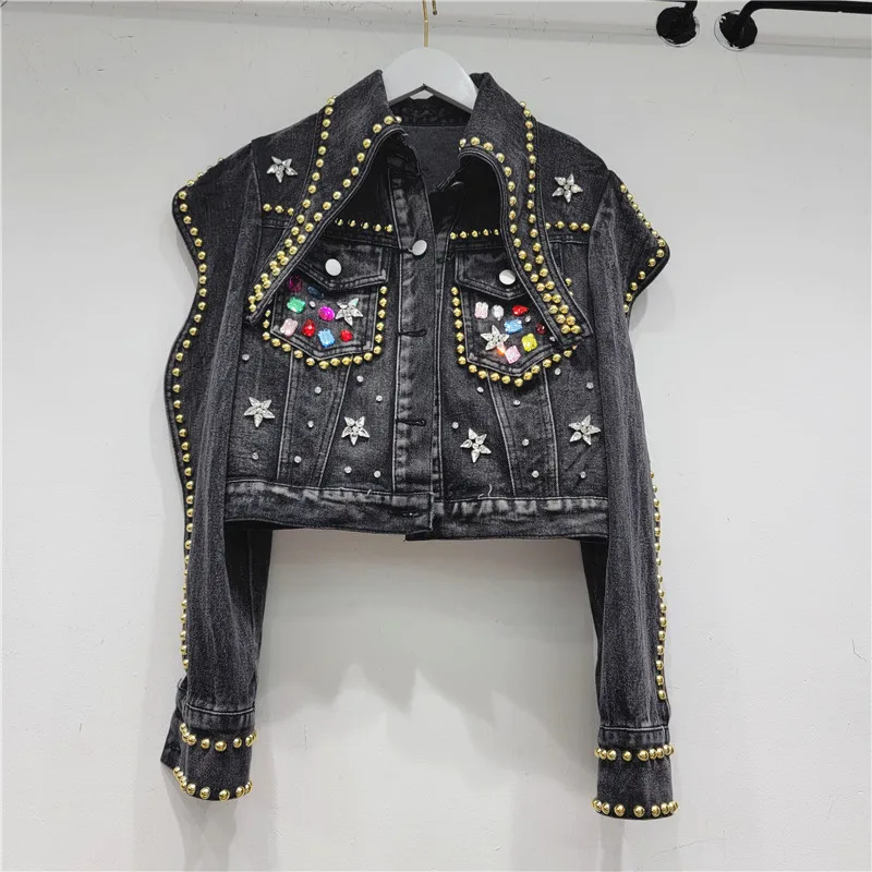Heavy-Work-Diamonds-Rivet-Big-Pocket-Denim-Jacket-Coat-Women-Slim-Short ...
