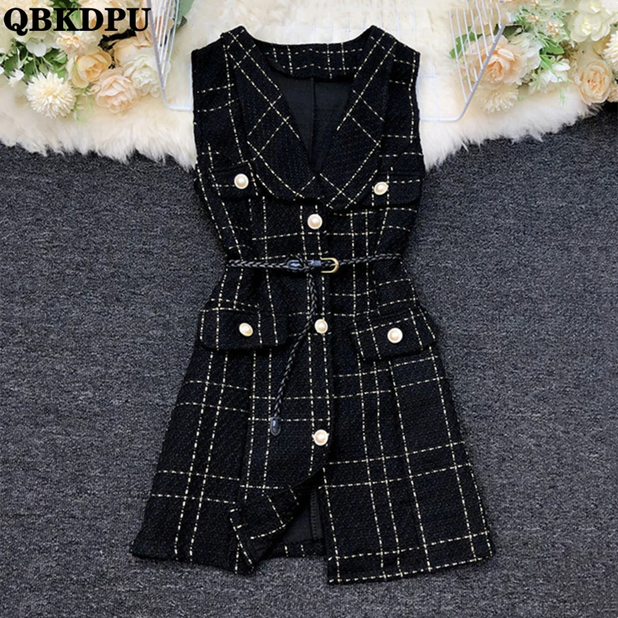 Spring Fall Pearl With Belt Vintage Tweed Vest Mid-length Women Single ...