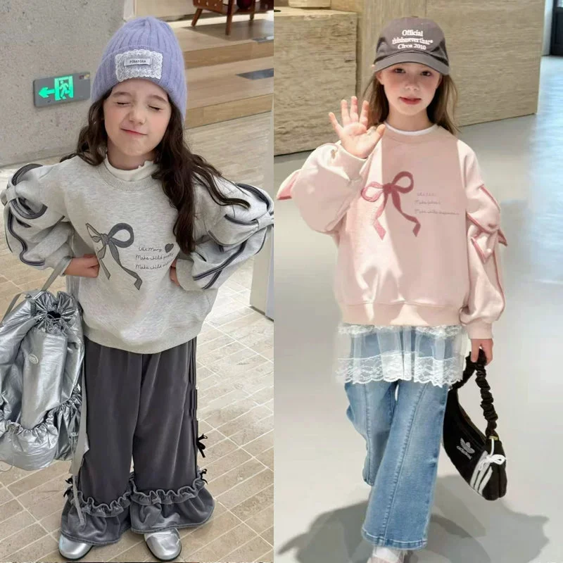 Children's Bow-Tie Sweatshirts Spring Girls Cute Long-Sleeved Pullover ...